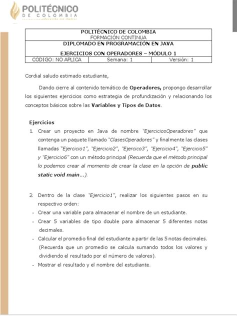módulo 1 ejercicios operaciones pdf java lenguaje de