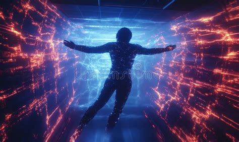 Futuristic Digital Figure Suspended In Glowing Data Stream Corridor