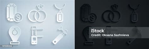 캘리퍼 또는 캘리퍼 와 스케일 목걸이에 펜던트 보석 가게 보석 루피 웨딩 링 과 온라인 쇼핑 아이콘 벡터 3월에 대한 스톡 벡터 아트 및 기타 이미지 Istock