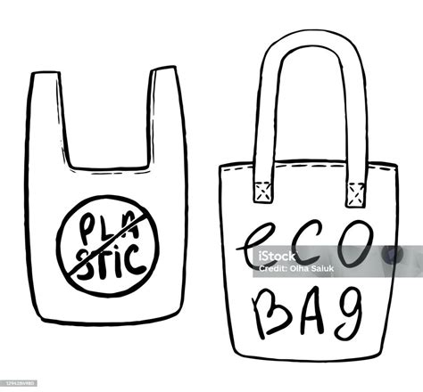 비닐 봉지와 에코 백 낙서 플라스틱의 문제 손으로 그린 벡터 그림 생태 테마 는 흰색에 고립 된 간단한 그리기 디자인 인쇄 포스터 배너 플라냐드를 위한 블랙 등고선 요소 0