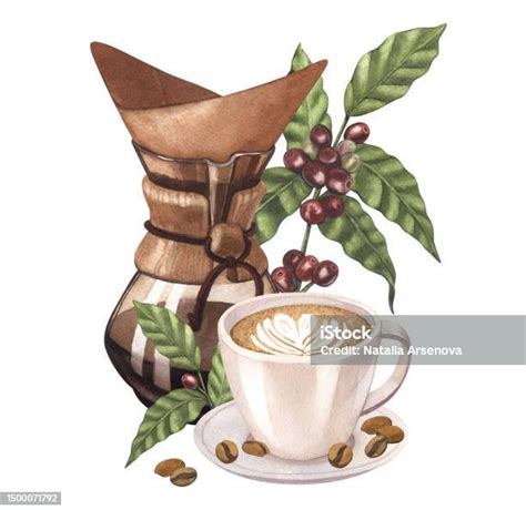 우유 거품이 있는 뜨거운 라떼 카푸치노가 있는 수채화 유리 커피 메이커 커피 필터와 빨간 커피 아라비카 콩은 하얀 배경에 분리된