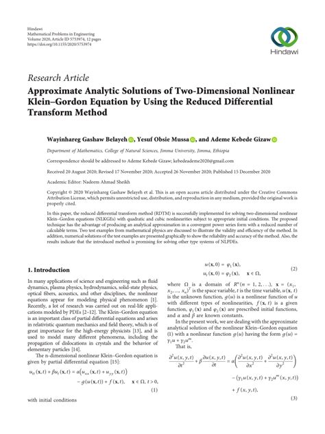 Pdf Approximate Analytic Solutions Of Two Dimensional Nonlinear Klein Gordon Equation By Using