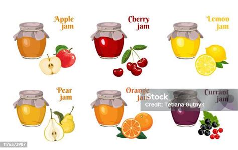흰색 배경에 고립 된 잼의 유리 항아리 세트 사과 체리 레몬 오렌지 건포도 배 만화 플랫 스타일의 수제 과일과 베리 과일