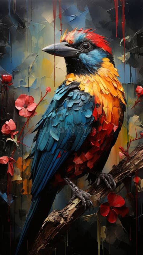 Elegant Funny Aviary Bird Sitting On Tree Branch Blurry Background