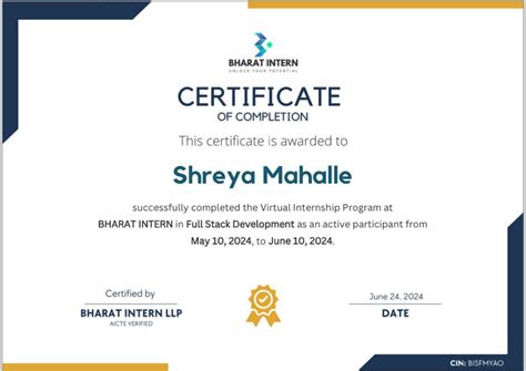 Shreya Mahalle On Linkedin Fullstackinternship Bharatintern Webdevelopment Techskills