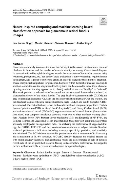 Nature Inspired Computing And Machine Learning Based Classification Approach For Glaucoma In
