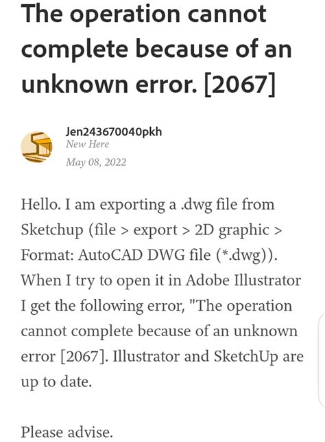 Users Seeing Adobe Illustrator Error Code 2067 When Opening Dwg Or