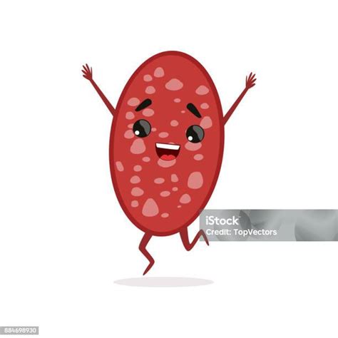 손 다리와 행복 한 얼굴 살라미 슬라이스 맛 있는 고기 문자를 손으로 점프 만화 키즈 메뉴 식품 팩 또는 정육점 평면 벡터