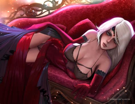 Rule 34 Breasts Ciri Female Green Eyes Illasvyel Red Dress The