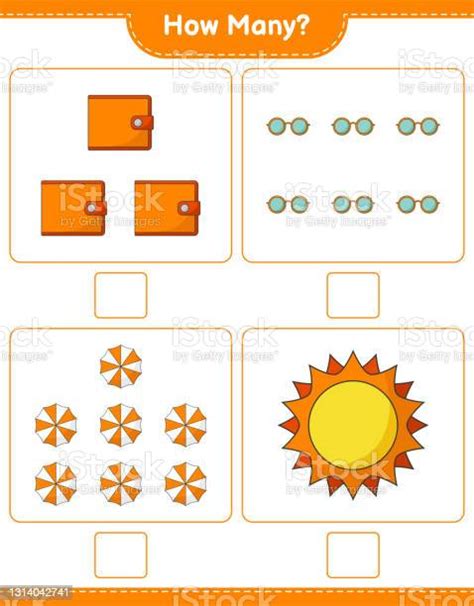 게임 태양 비치 우산 지갑 및 선글라스의 수를 계산합니다 교육 어린이 게임 인쇄 워크 시트 벡터 일러스트레이션 0명에 대한 스톡