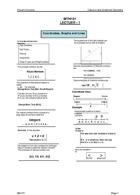 Mth101 1 Lecture Notes 1 47 Mth Lectuer 1 Coordinates Graphs And Lines In This Lecture We