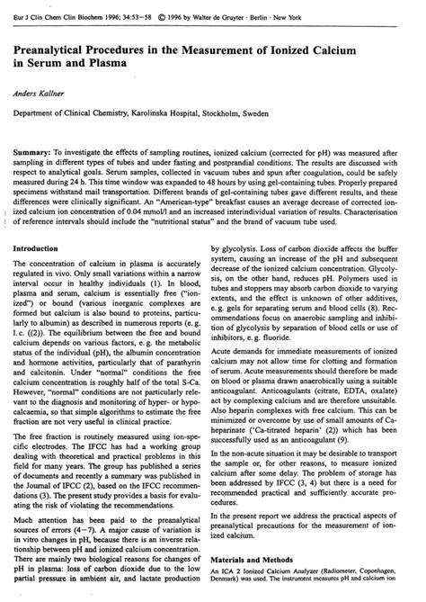Pdf Preanalytical Procedures In The Measurement Of Ionized Calcium In Serum And Plasma
