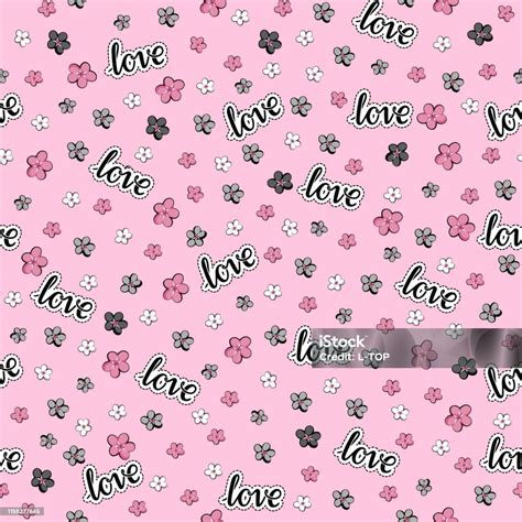 귀여운 소녀 매끄러운 패턴입니다 분홍색 배경에 꽃과 비문 사랑 벡터 일러스트레이션 0명에 대한 스톡 벡터 아트 및 기타 이미지