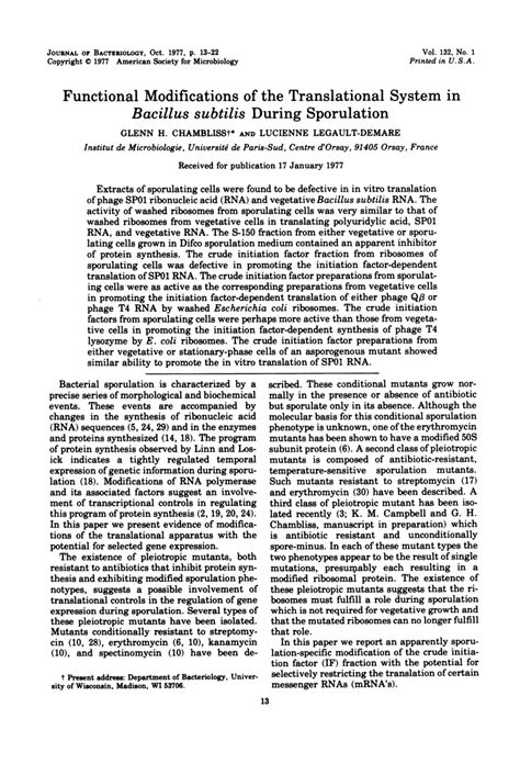 Pdf Functional Modifications Of The Translational System In Bacillus Subtilis During Sporulation