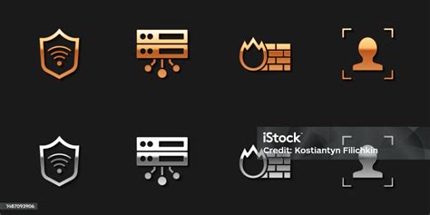 Wifi 무선 서버 데이터 웹 호스팅 방화벽 보안 벽 및 얼굴 인식 아이콘으로 방패를 설정합니다 벡터 사생활에 대한 스톡 벡터 아트 및 기타 이미지 Istock