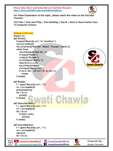 Day 10 Csv Files Pyqs By Swati Chawla Pdf