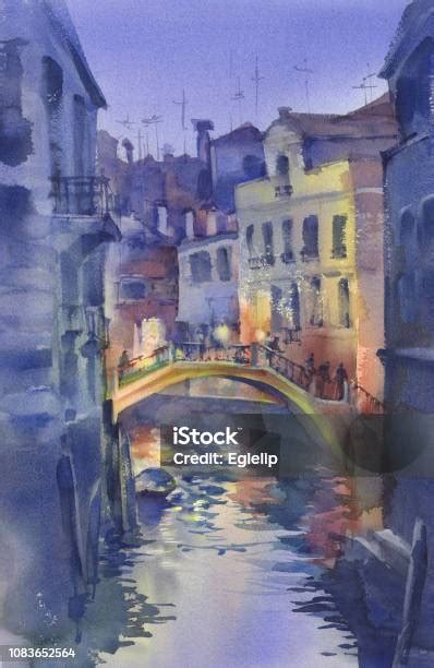 베네치아 밤 빛 수채화 풍경입니다 다리 아래 곤돌라와 운하 강에 대한 스톡 벡터 아트 및 기타 이미지 강 건축 고풍스런