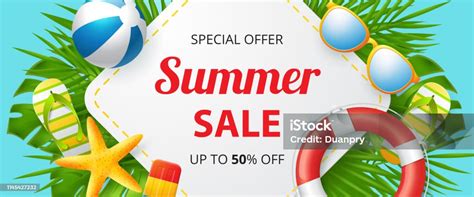 화려한 해변 요소와 여름 판매 벡터 배너 디자인입니다 벡터 일러스트 3차원 형태에 대한 스톡 벡터 아트 및 기타 이미지 3