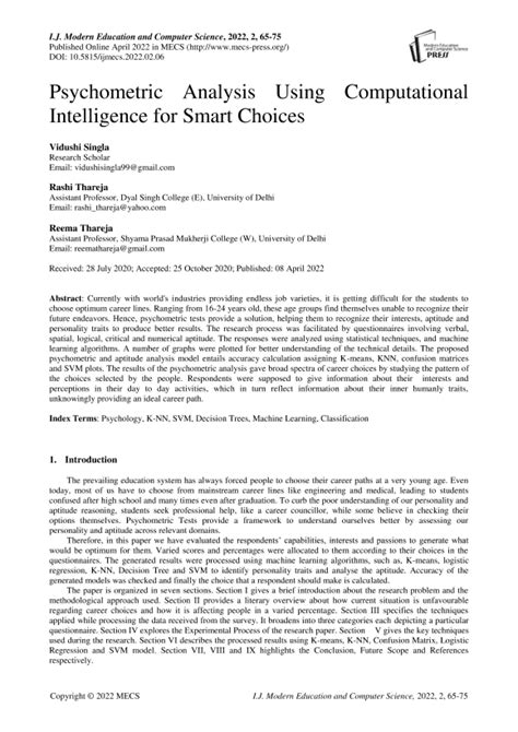 Psychometric Analysis Using Computational Intelligence For Smart Choices Ijmecs