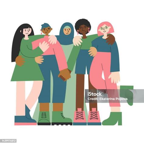 인종과 종교가 다른 다섯 명의 여성이 함께 껴안고 있습니다 소녀의 힘 다양성 포용 평등 및 권리 개념 국제 여성의 날 평면 벡터