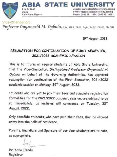 Abia State University Update