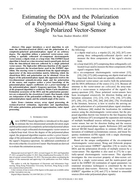 Pdf Estimating The Doa And The Polarization Of A Polynomial Phase Signal Using A Single
