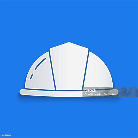파란색 배경에 격리 된 작업자 안전 헬멧 아이콘을 잘라 종이 종이 아트 스타일 벡터 일러스트레이션 안전모에 대한 스톡 벡터 아트 및 기타 이미지 Istock