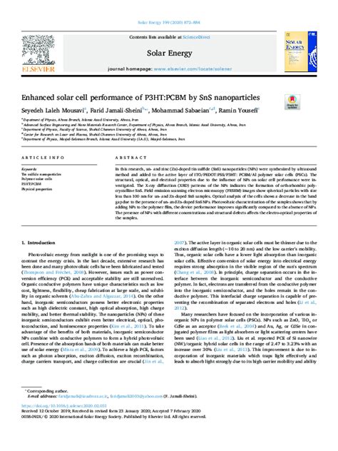Pdf Enhanced Solar Cell Performance Of P3ht Pcbm By Sns Nanoparticles