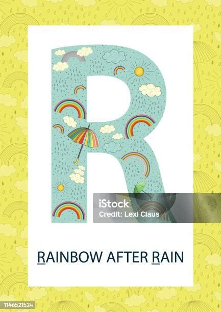 다채로운 알파벳 문자 R 파 닉스 플래시 카드 만화 스타일 무지개 날씨 요소 비 방울 태양 독서를 가르치는 귀여운 문자 R 0명에 대한 스톡 벡터 아트 및 기타 이미지