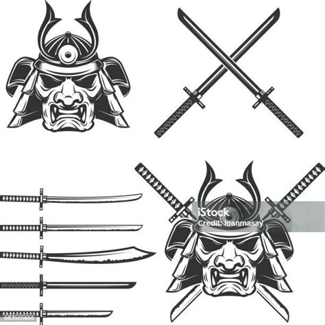 흰색 배경에 고립 된 교차 칼으로 사무라이 마스크의 집합입니다 레이블 상징 기호 브랜드 마크에 대 한 요소를 디자인 합니다 벡터 일러스트입니다 도쿠가와 이에야스에 대한 스톡
