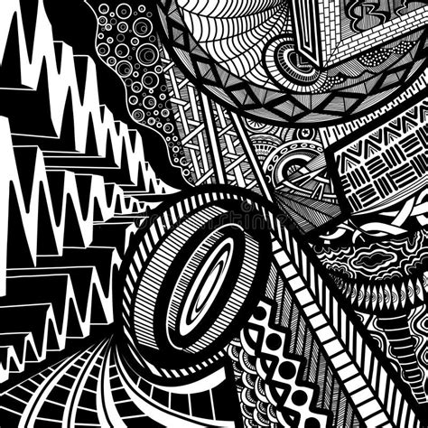 Black And White Abstracted Line Draw Patterns Or Doodle Stock