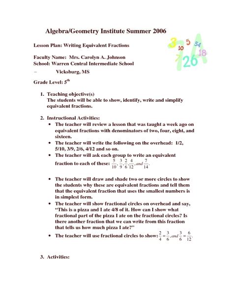 Equivalent Fractions Lesson Plan