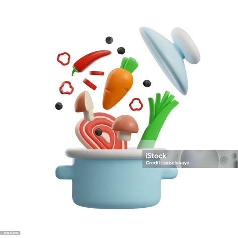 고기와 야채가 있는 냄비 또는 냄비 분리된 3d 벡터 그림 3차원 형태에 대한 스톡 벡터 아트 및 기타 이미지 3차원 형태