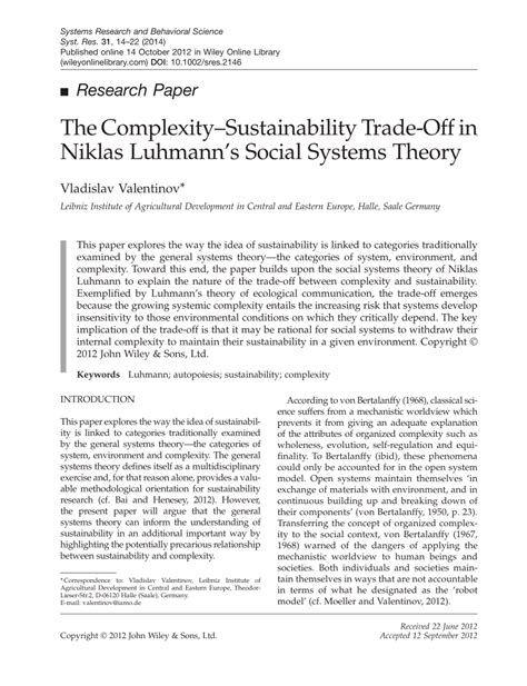 Pdf The Complexity Sustainability Trade Off In Niklas Luhmanns Social Systems Theory