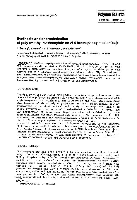 Pdf Synthesis And Characterization Of Poly Methyl Methacrylate Co N 4 Bromophenyl Maleimide