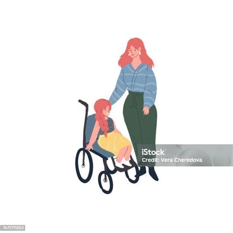 부모와 휠체어에 플랫 만화 아이 캐릭터 장애 아동 돌봄 및 지원 행복한 어린 시절 벡터 일러스트 개념 가족에 대한 스톡 벡터