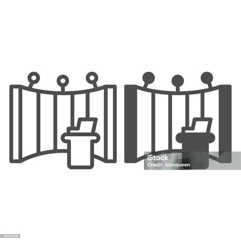 연단과 노트북 라인과 견고한 아이콘 전시 개념이 있는 프레젠테이션 벡터 그래픽입니다 제품 홍보 스탠드 흰색 배경에 표시 모바일 또는 웹 디자인을위한 개요 스타일 아이콘 검은