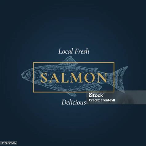 신선한 맛있는 연어 추상 벡터 기호 기호 또는 상징 템플릿입니다 고급스러운 복고풍 타이포그래피가 있는 손으로 그린 물고기 진한 파란색 배경의 빈티지 벡터 엠블럼 연어