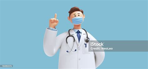 3d 렌더링 만화 캐릭터 백인 남자 의사는 얼굴 마스크와 유니폼을 착용합니다 손가락을 위로 가리킵니다 파란 배경에 고립 된 의료 클립 아트 의료 조언 의학 과학 건강관리와