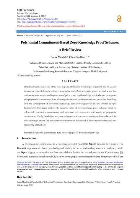 Pdf Polynomial Commitment Based Zero Knowledge Proof Schemes A Brief