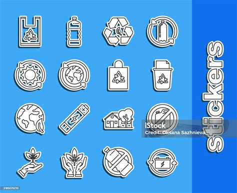 재활용 기호가 있는 배터리 설정 휘발유 용기 없음 재활용 쓰레기통 및 잎 지구 재활용 태양 에너지 패널 비닐 봉지 및 아이콘 벡터 기체 물리 구조에 대한 스톡 벡터 아트 및