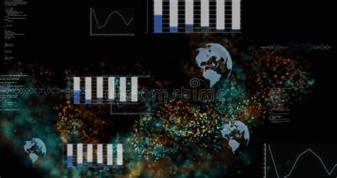 Animation Of Charts And Graphs Over Digital Globe With Glowing Particles Background Stock