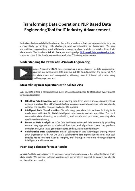 Nlp Based Data Engineering Tool For It Industry Advancement