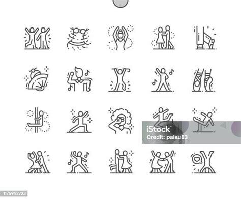 잘 만들어진 픽셀 완벽한 벡터 얇은 라인 아이콘 30 웹 그래픽 및 응용 프로그램을위한 그리드 2 X 춤을 간단한 최소한의 그림 춤에 대한 스톡 벡터 아트 및 기타 이미지