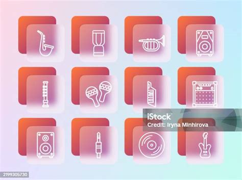 세트 라인 스테레오 스피커 오디오 잭 숄더 키보드 비닐 디스크 마라카스 트럼펫 색소폰 및 아프리카 젬베 드럼 아이콘 벡터 기에 대한 스톡 벡터 아트 및 기타 이미지 Istock