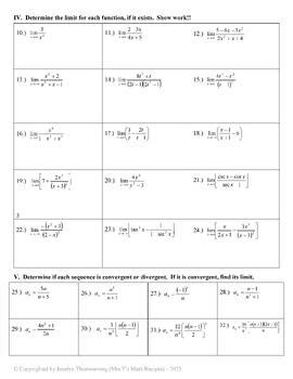 Pre Calculus H Section 10 3 HW WS Intro To Limits At Infinity Sequences