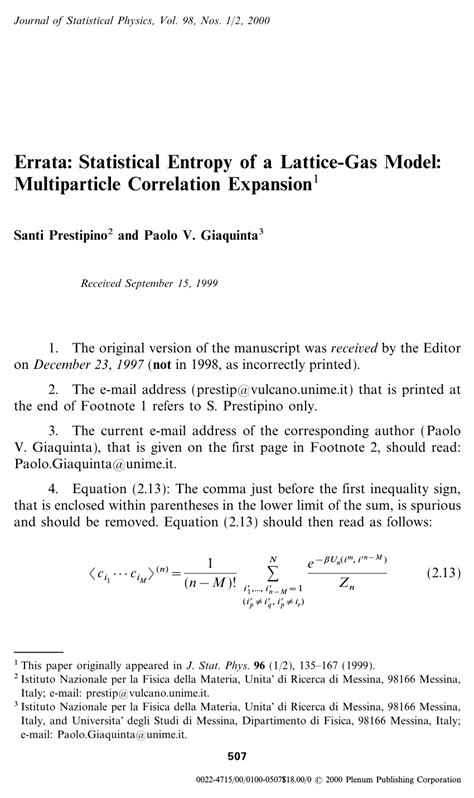 Pdf Errata Statistical Entropy Of A Lattice Gas Model Multiparticle Correlation Expansion