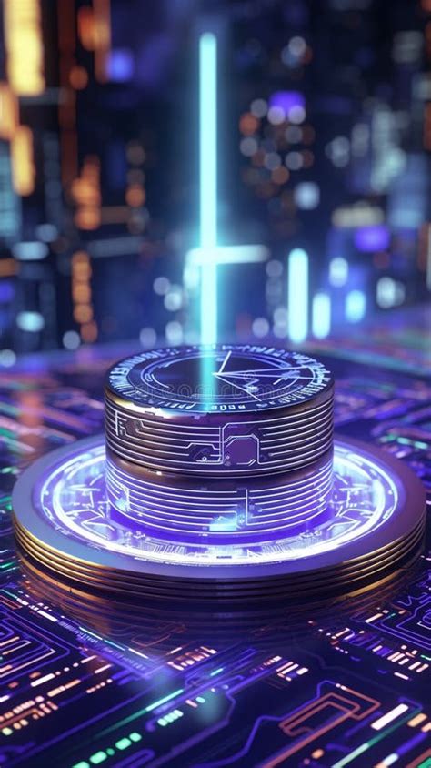 Ethereum Coins Suspended Against Tech Circuit Board With Neon Lights Stock Illustration