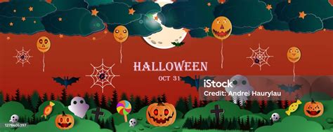 구름 언덕 숲이 있는 어두운 배경의 벡터 할로윈 일러스트레이션 유령 두개골 박쥐 호박 괴물과 악한 풍선 Eps 10 10월에 대한 스톡 벡터 아트 및 기타 이미지 Istock