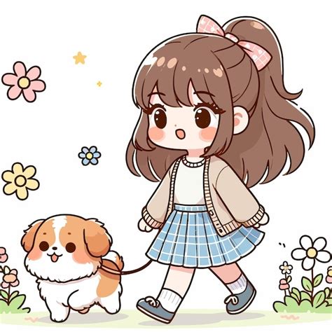 Cutegirl With Small Dog Premium Ai Generated Vector